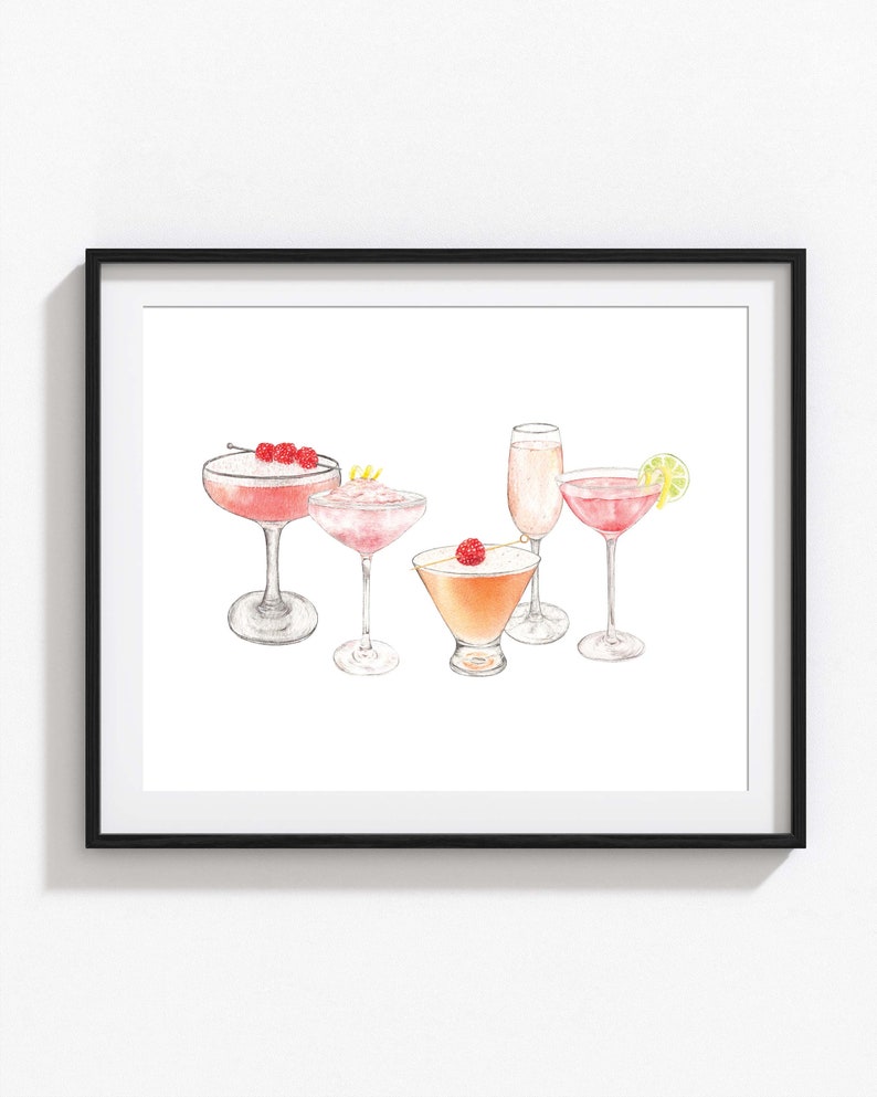 Pink Cocktails Print, Bar Cart Print, Cocktail Wall Art, Home Bar Decor ...
