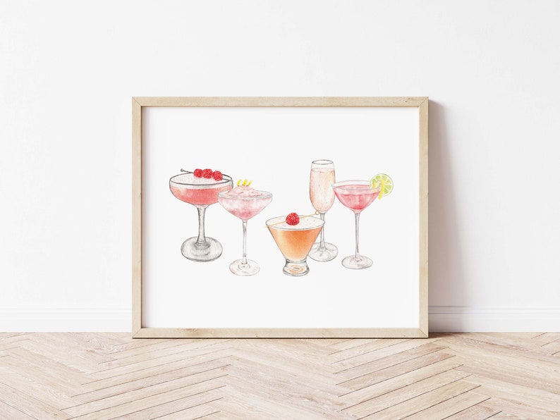 Pink Cocktails Print, Bar Cart Print, Cocktail Wall Art, Home Bar Decor ...