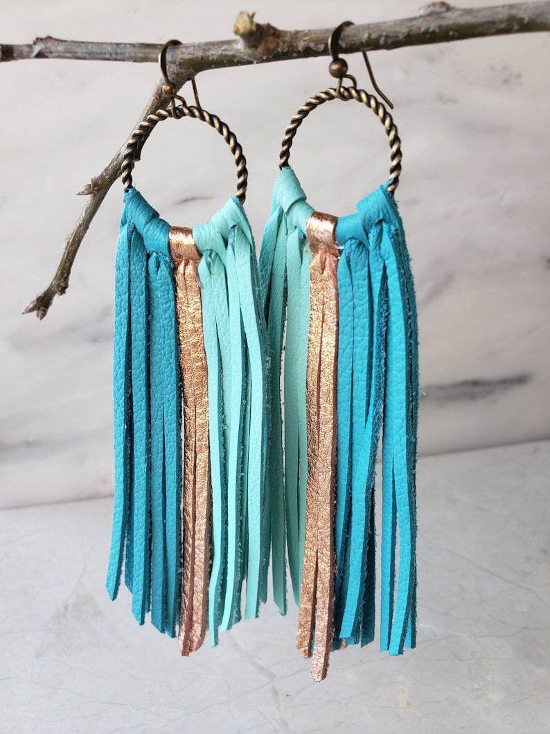 Turquoise Leather Fringe Earrings Gold Fringe Earrings Teal - Etsy