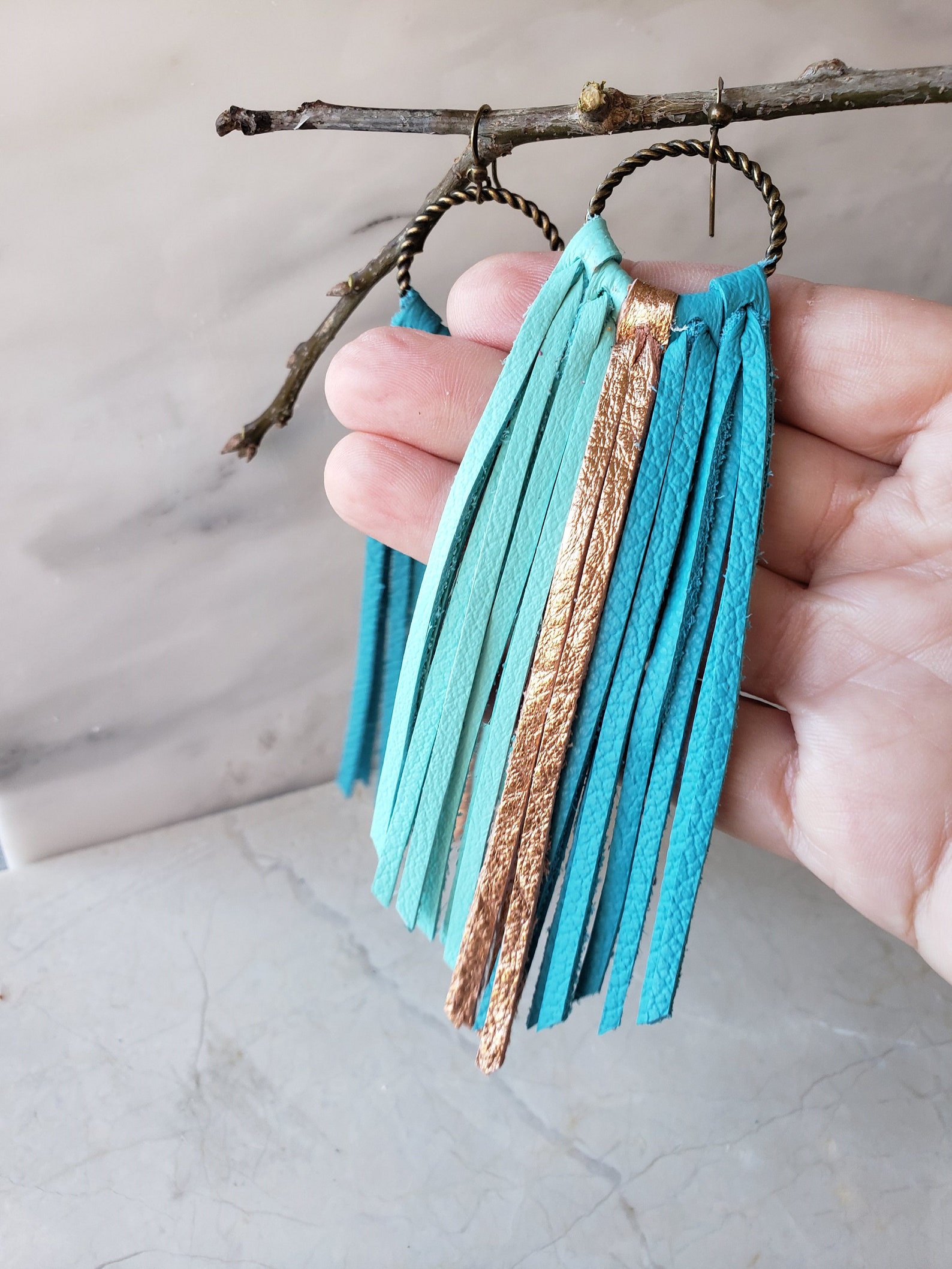 Turquoise Leather Fringe Earrings Gold Fringe Earrings Teal - Etsy