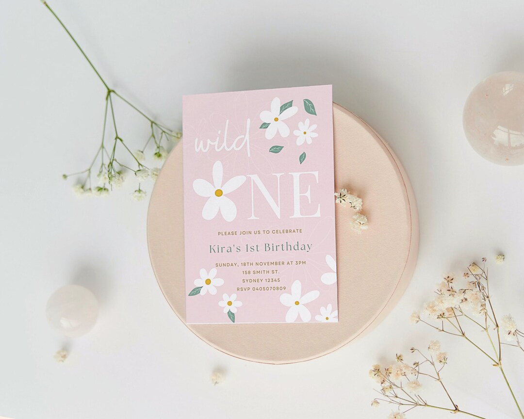 Daisy, Flower First Birthday Invitation, Pastel Pink, Birthday Party ...