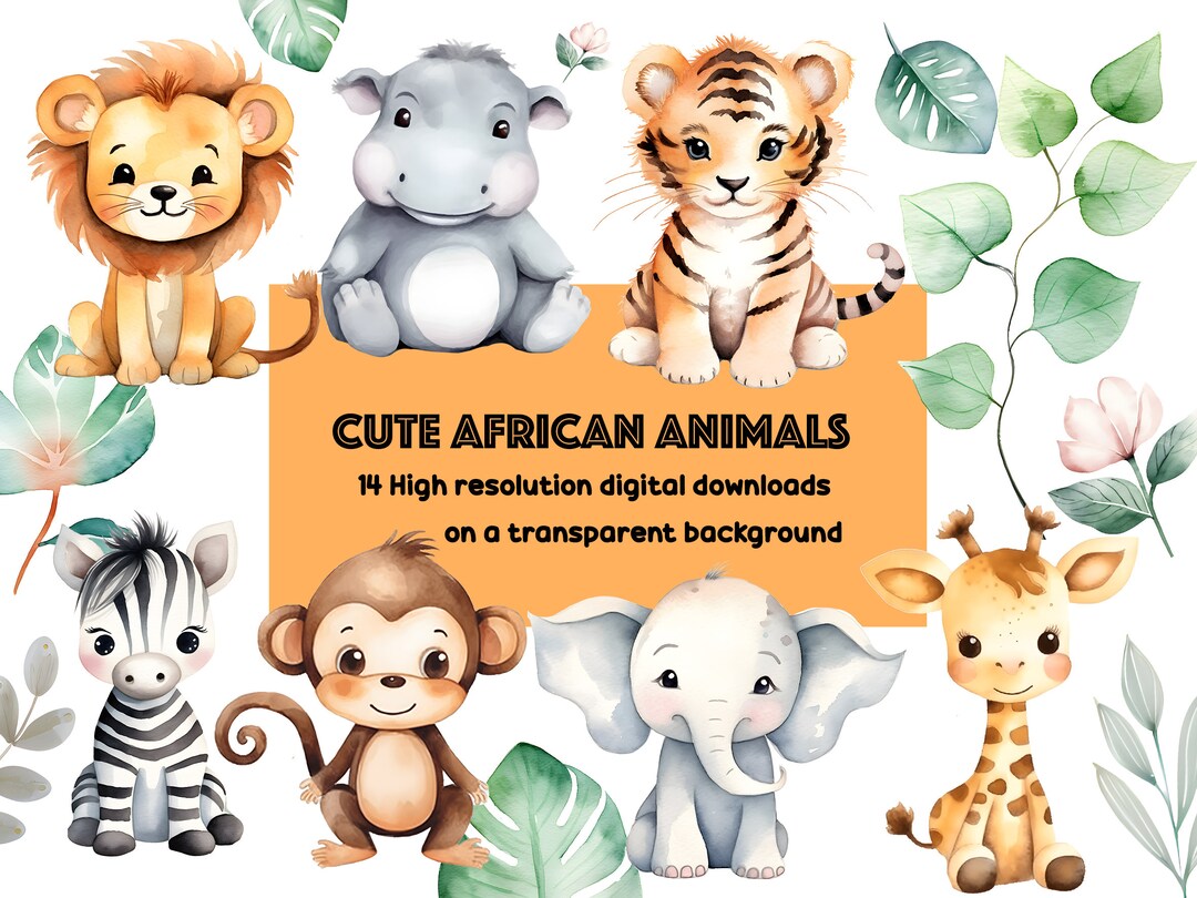 Cute Watercolor Safari Animal Clipart, Instant Download, African ...