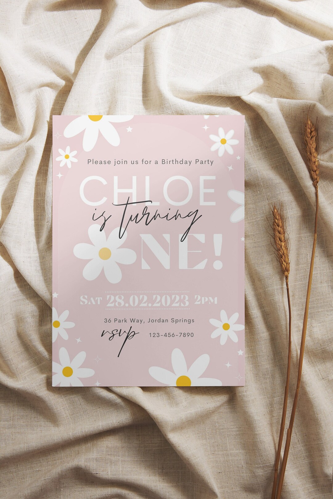 Daisy, Flower First Birthday Invitation, Pink, Birthday Party, Download ...