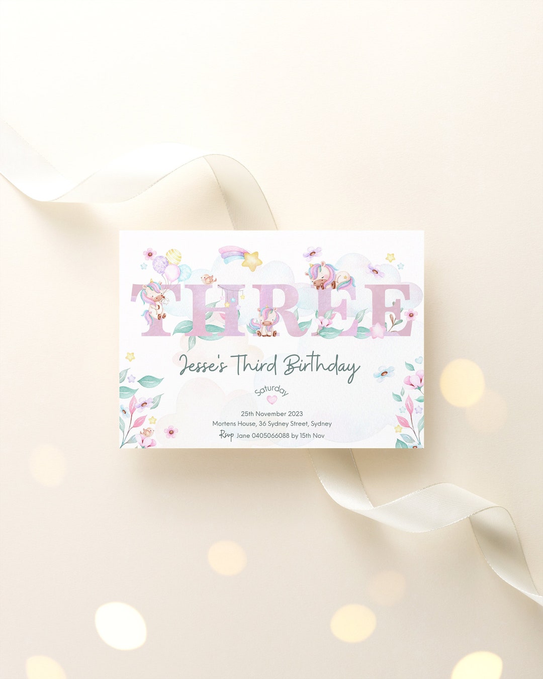 Pastel Unicorn Third Birthday Invitation Party Invite 3rd Birthday ...