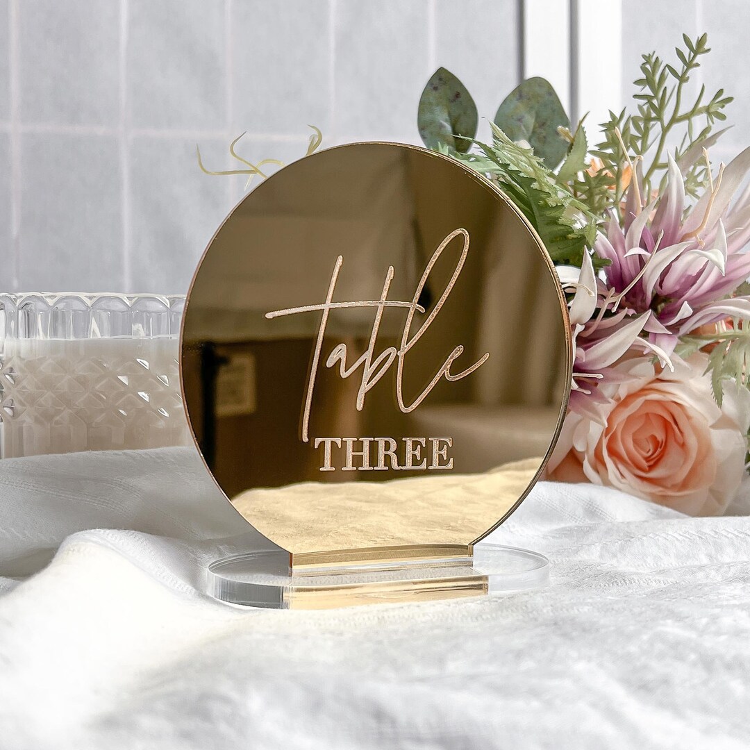 Round Mirror Table Number | Bridal Decor | Gold Mirror Acrylic Table ...