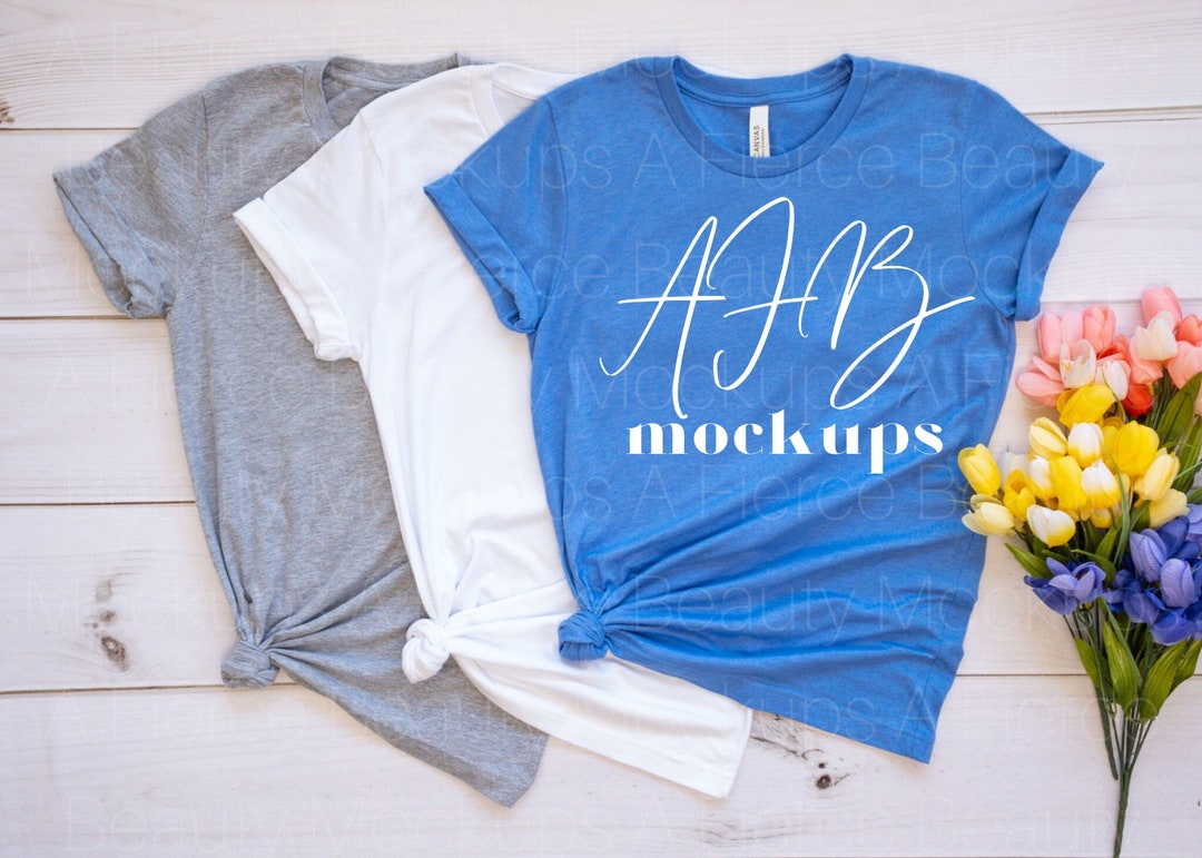 Bella Canvas 3001 Mockup Trio Shirts - Athletic Grey, White, Spring ...