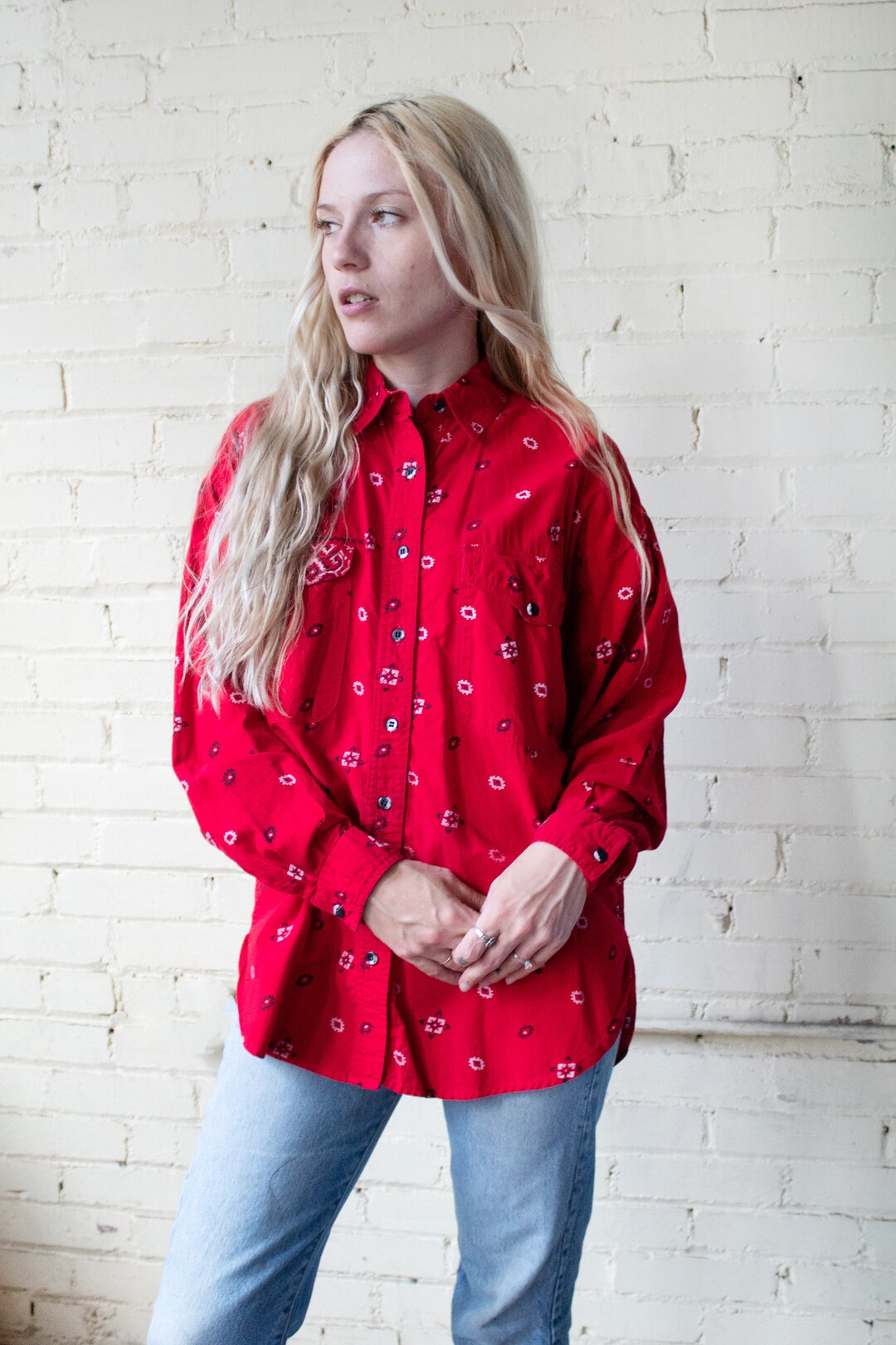 1970s Bandana Print Shirt, Red Paisley Button-up, Vintage Unisex Oxford ...