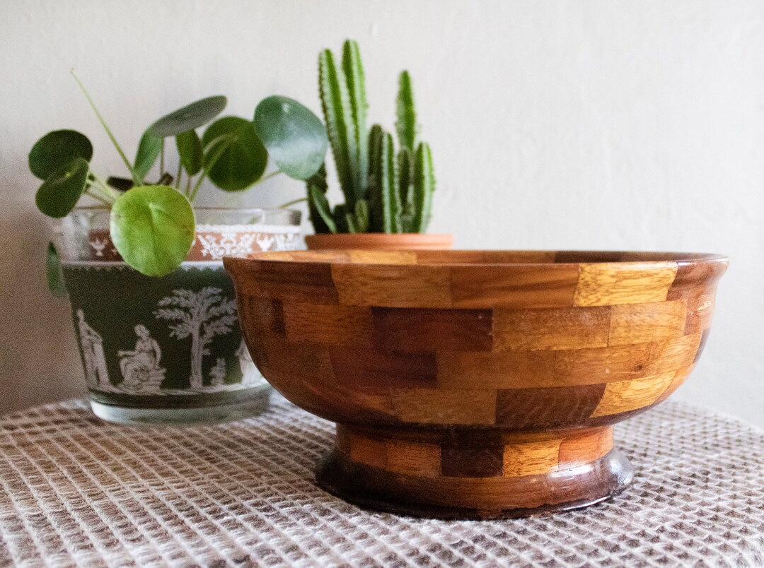 1970s Fruit Bowl, Vintage Wooden Bowl, Patchwork Footed Bowl, Checkered ...
