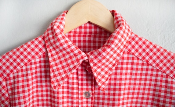 1960s 1970s Red White Checkered Button Up Blouse Smal… - Gem