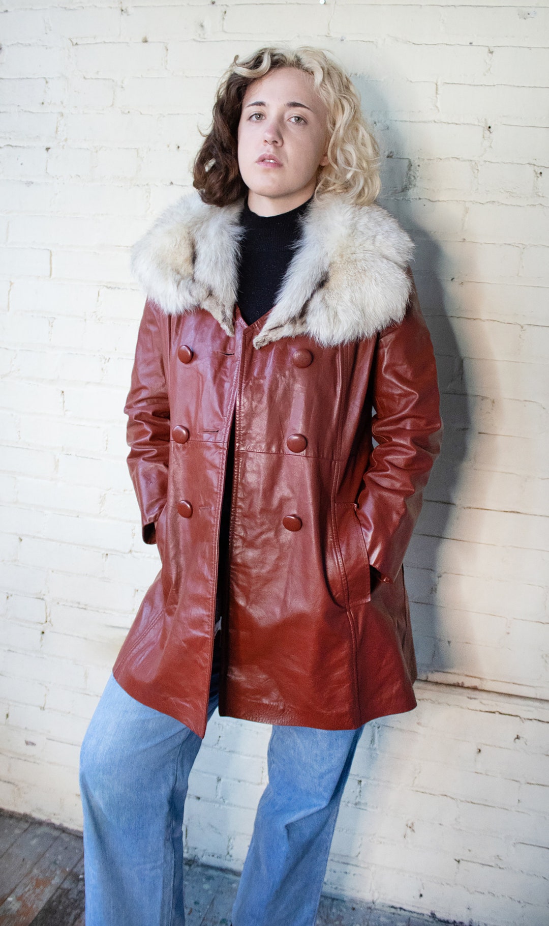 1970s Oxblood Leather Jacket With Fur Collar, Vintage Leather Button ...