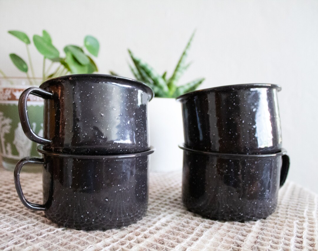 Set of 4 Vintage Black Enamel Mugs – Retro Metal Coffee Tea Cups With ...