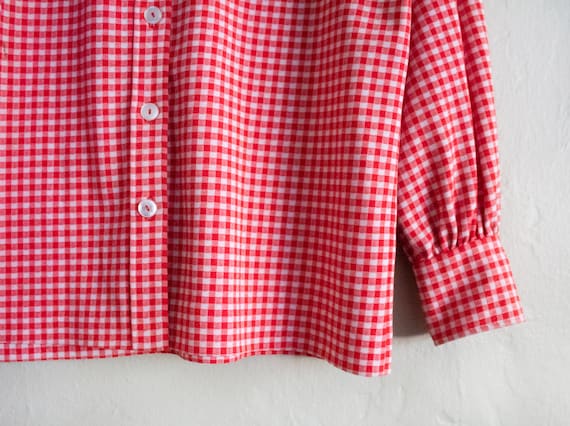 1960s 1970s Red White Checkered Button Up Blouse Smal… - Gem