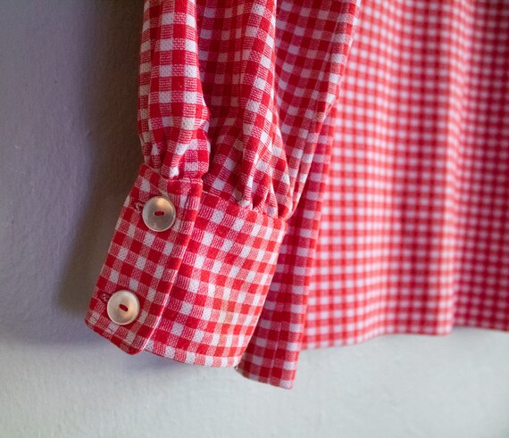 1960s 1970s Red White Checkered Button Up Blouse Smal… - Gem