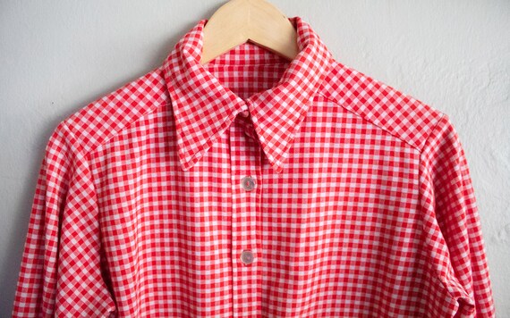 1960s 1970s Red White Checkered Button Up Blouse Smal… - Gem