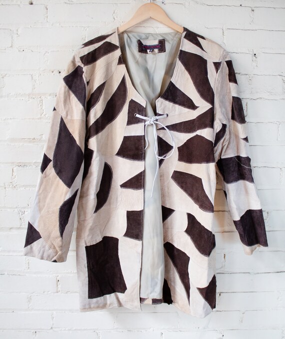 Y2K Patchwork Leather Jacket, Vintage Tan Brown Genui… - Gem