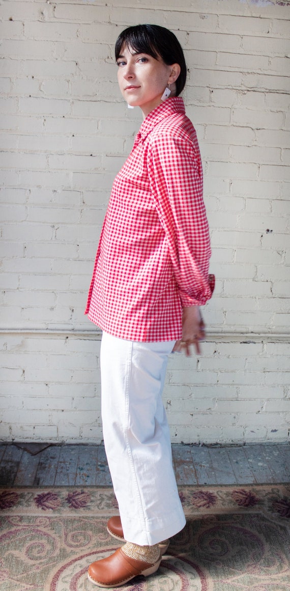 1960s 1970s Red White Checkered Button Up Blouse Smal… - Gem