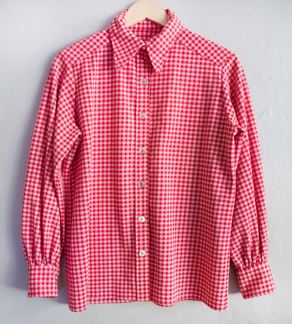 1960s 1970s Red White Checkered Button Up Blouse Smal… - Gem