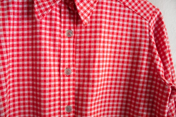 1960s 1970s Red White Checkered Button Up Blouse Smal… - Gem