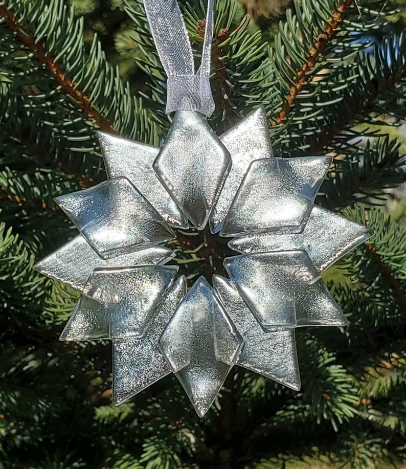 Snowflake Ornament, Silver Snowflake, Gold Snowflake, Suncatcher, Fused ...