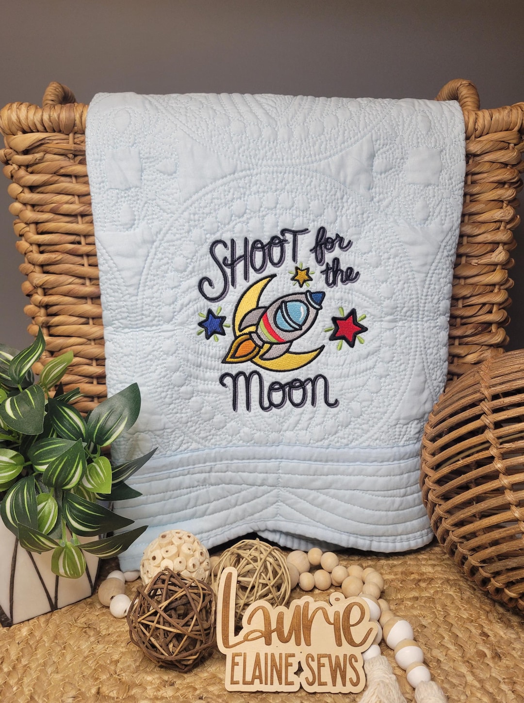 Embroidered Rocket Heirloom Baby Boy Quilt: Space, Nursery Decor ...