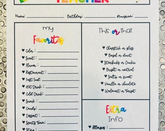 Teacher Favorite Things Questionnaire | Back to School Teacher Survey ...