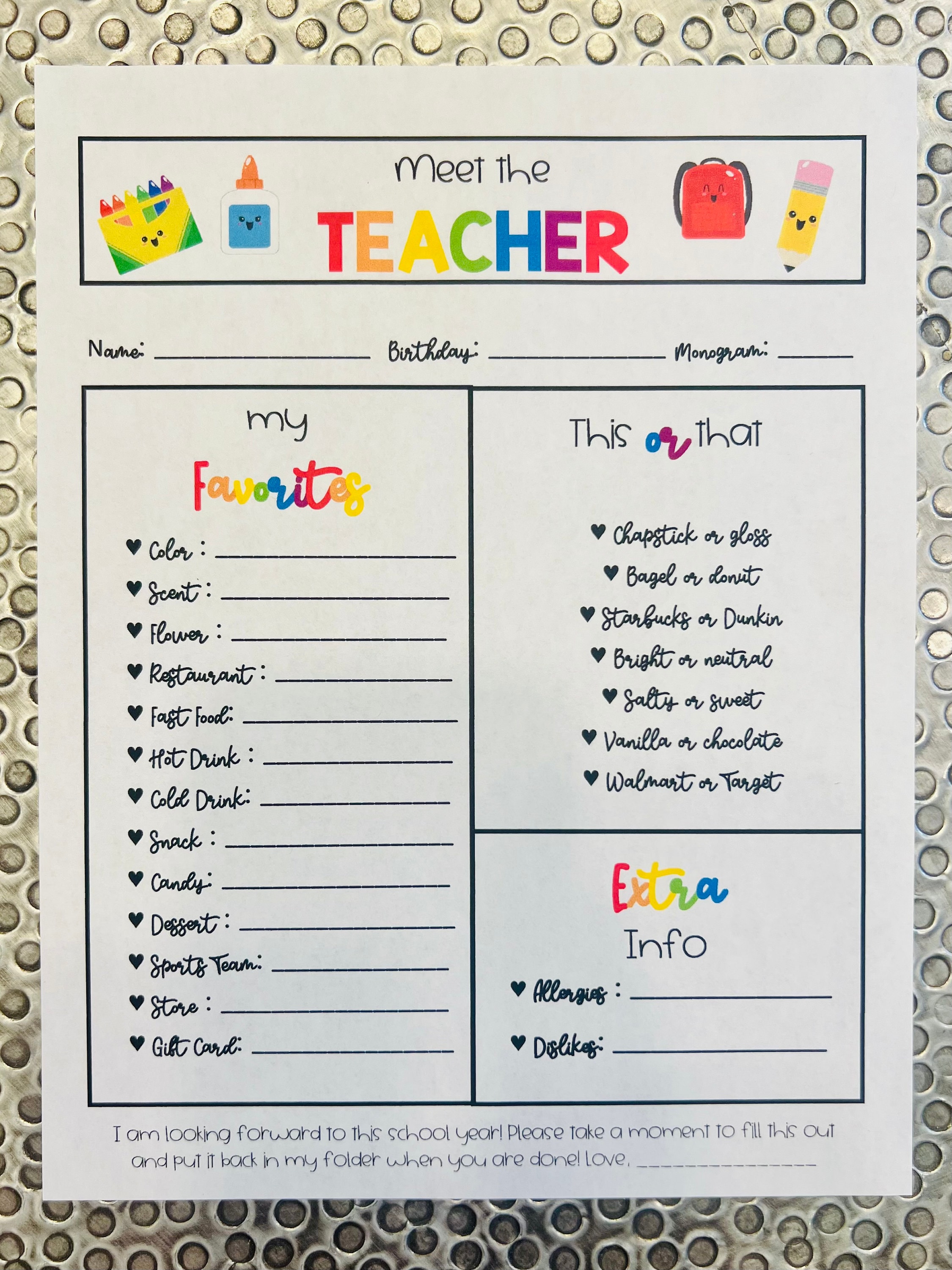 Teacher Favorite Things Questionnaire | Back to School Teacher Survey ...