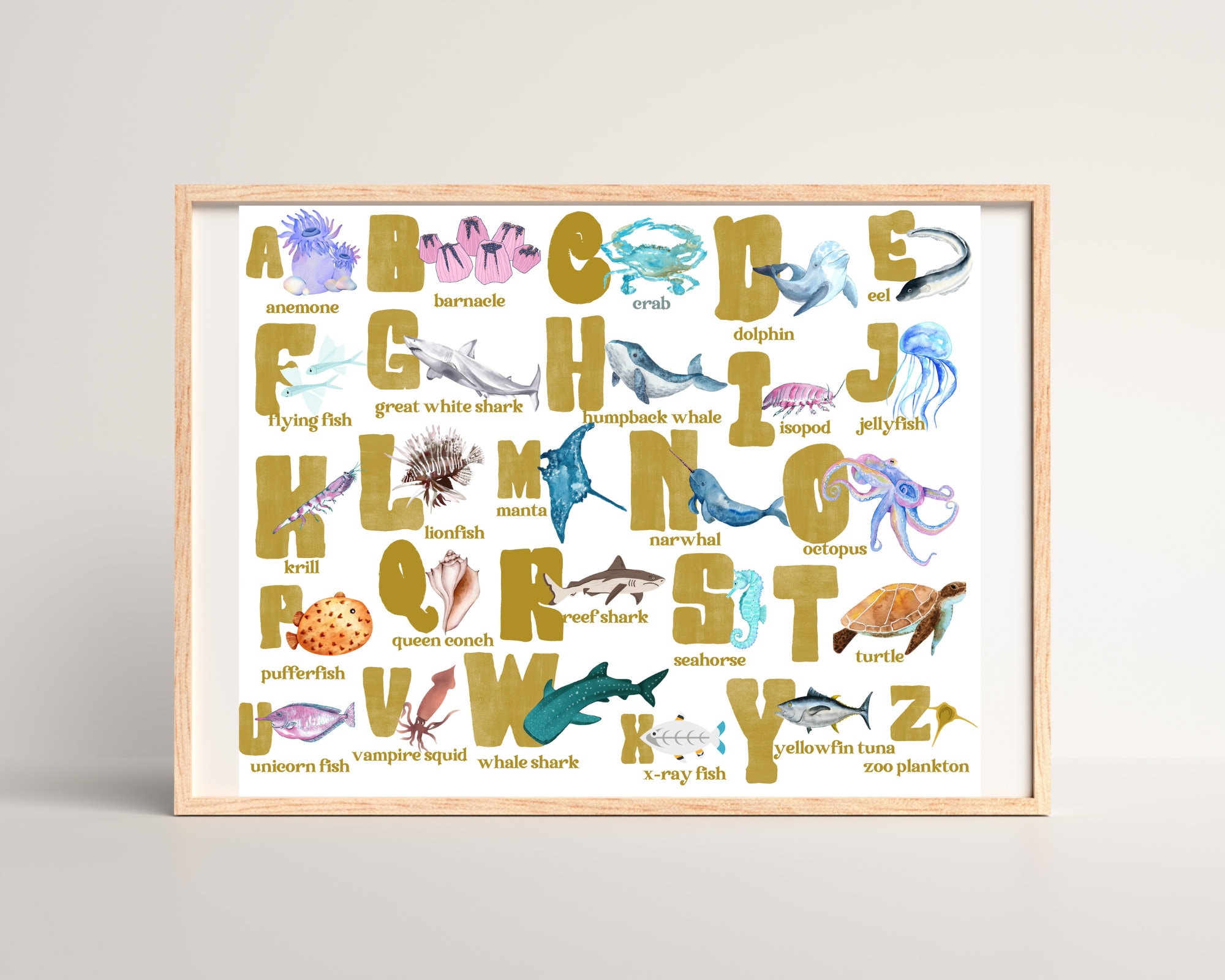 Sea Animal Alphabet, Kids Alphabet Poster, Educational Art, Kids Room ...