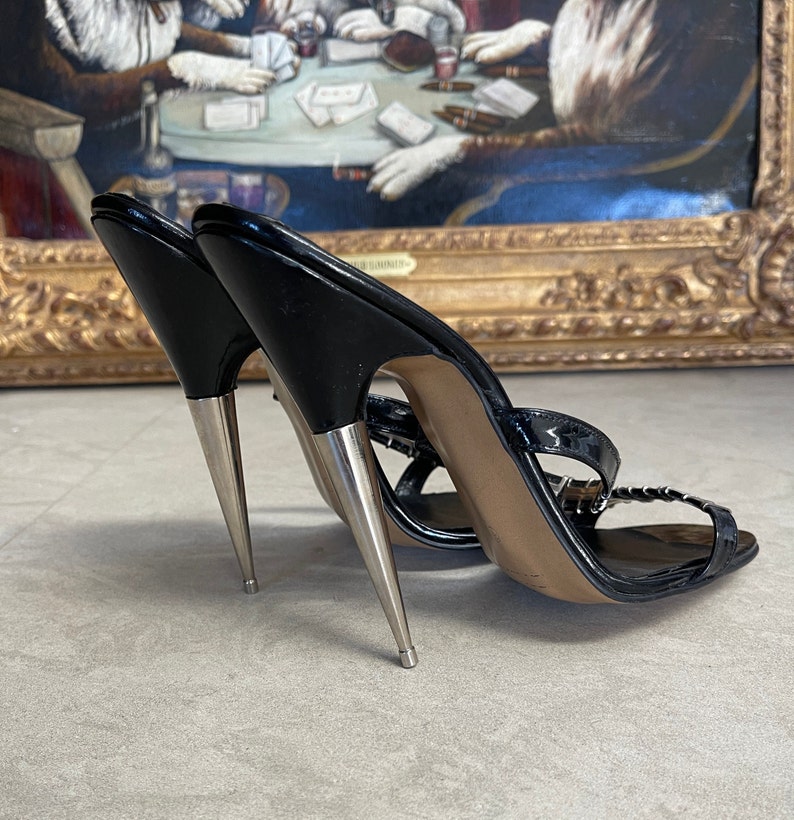 Fetish Vintage Metal Spike Heel Patent Wicked Mules Size 7 Black Patent ...