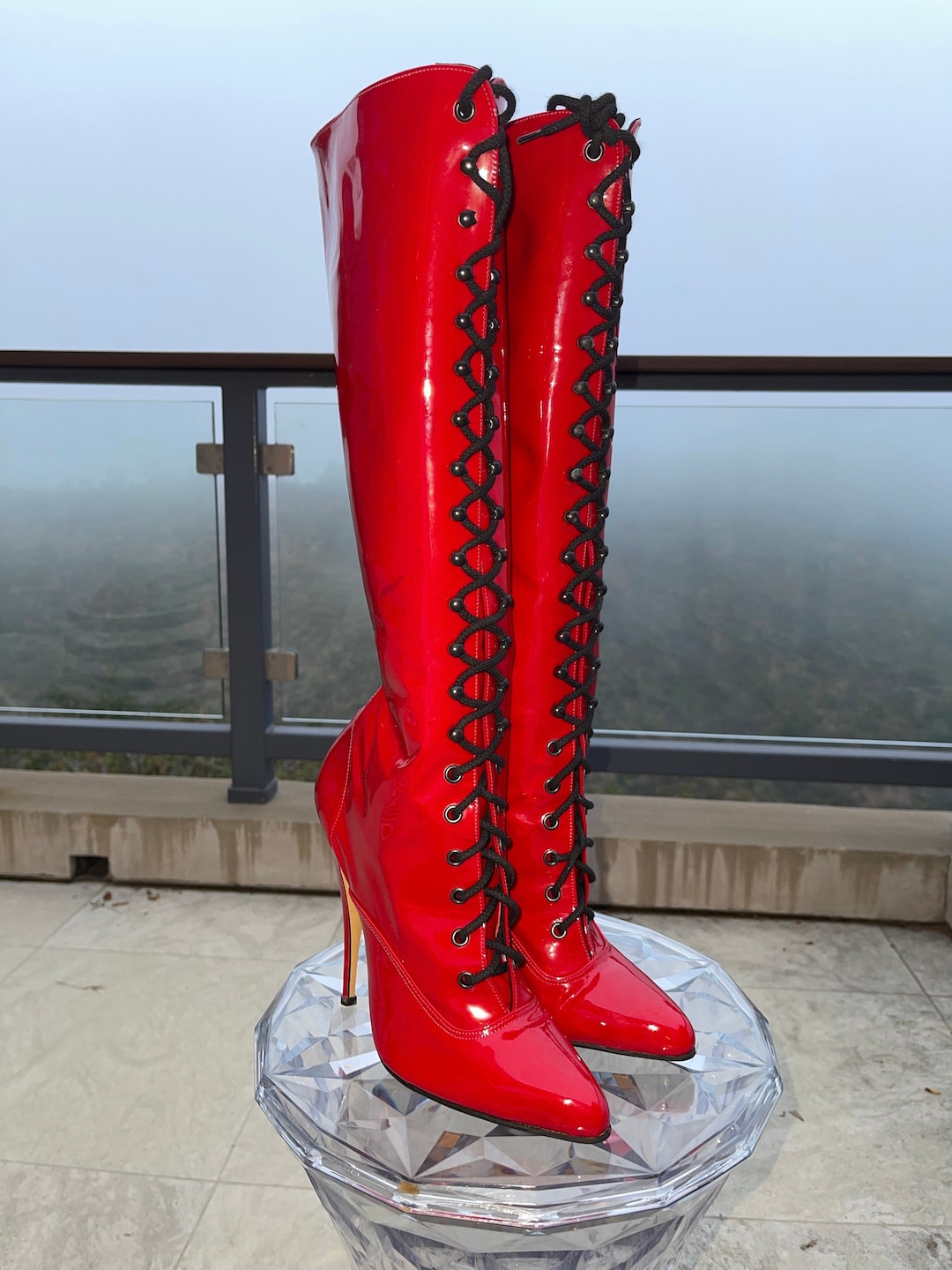 Vintage Knee-high Lace up Boots, RED Fetish Extreme Heels, Front Lacing ...