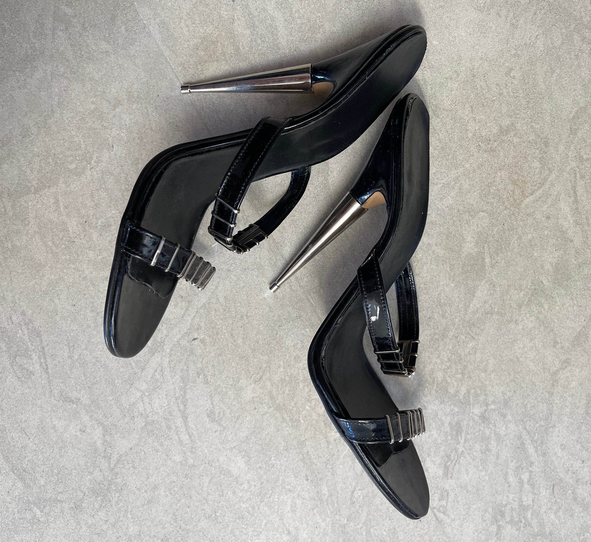Fetish Vintage Metal Spike Heel Patent Wicked Mules Size 7 Black Patent ...