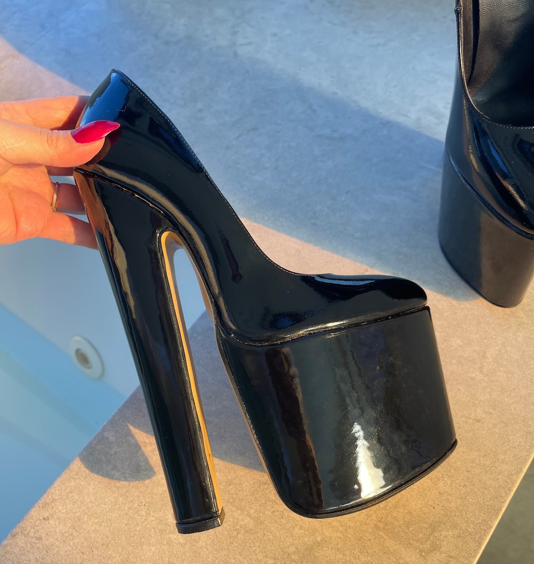 Vintage Super Fetish Chunky High Heel Black Patent PVC Shoes With ...