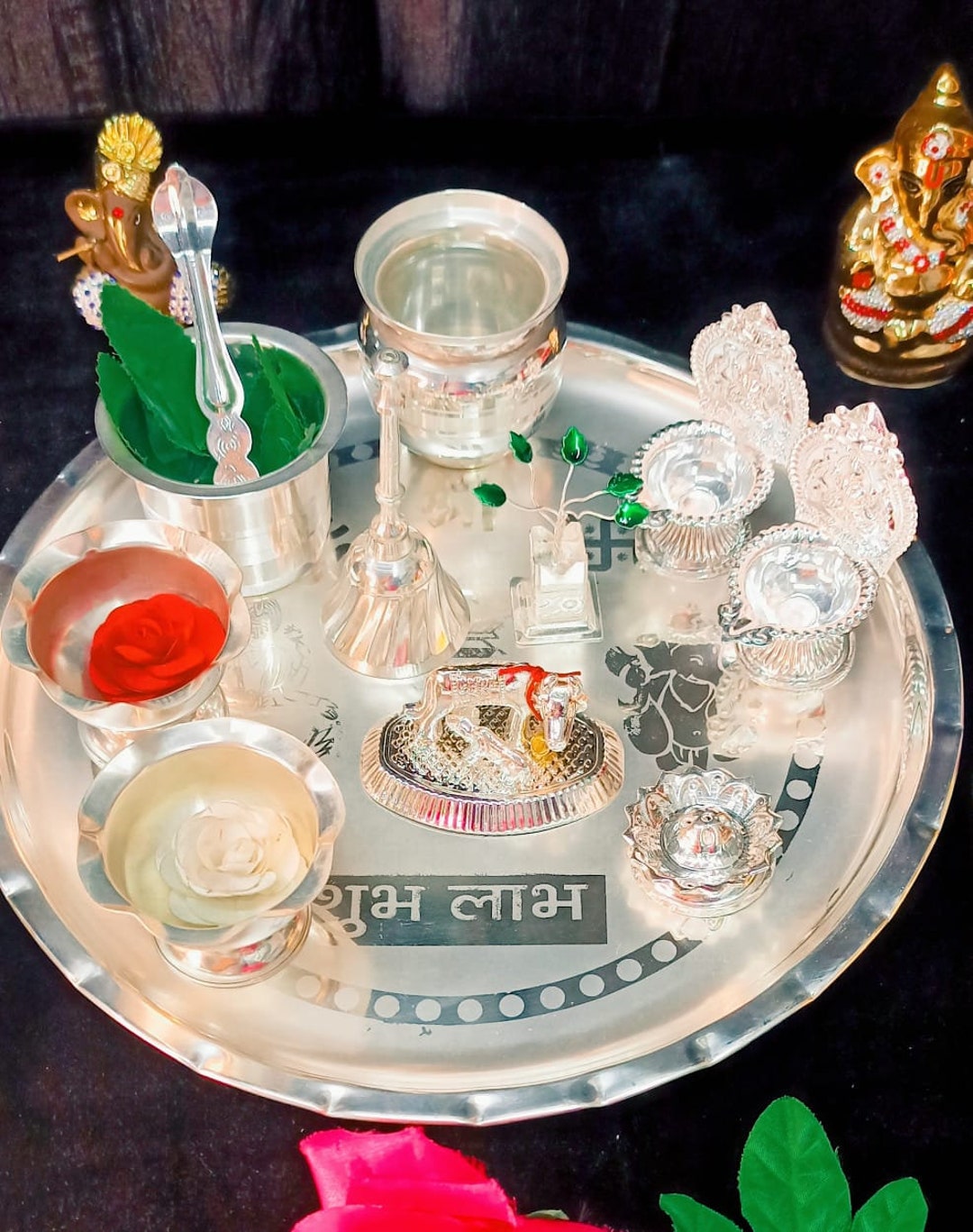 German Silver-pooja Thaali-thaal Set|diya-tray-bowls-plate-chowki-bell ...