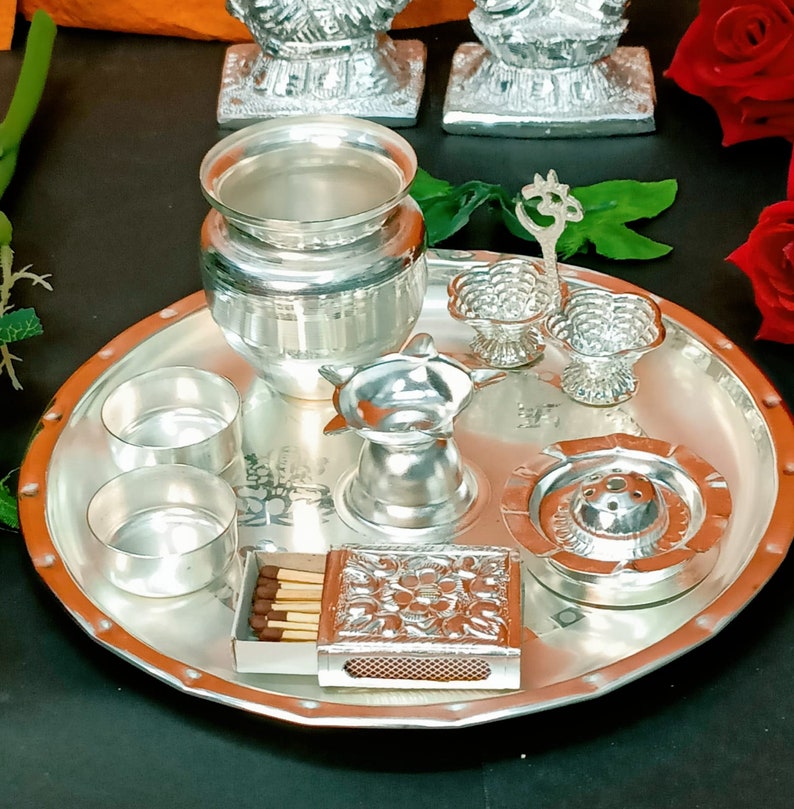German Silver-pooja Thaali-thaal Set|diya-tray-bowls-plate-chowki-bell ...
