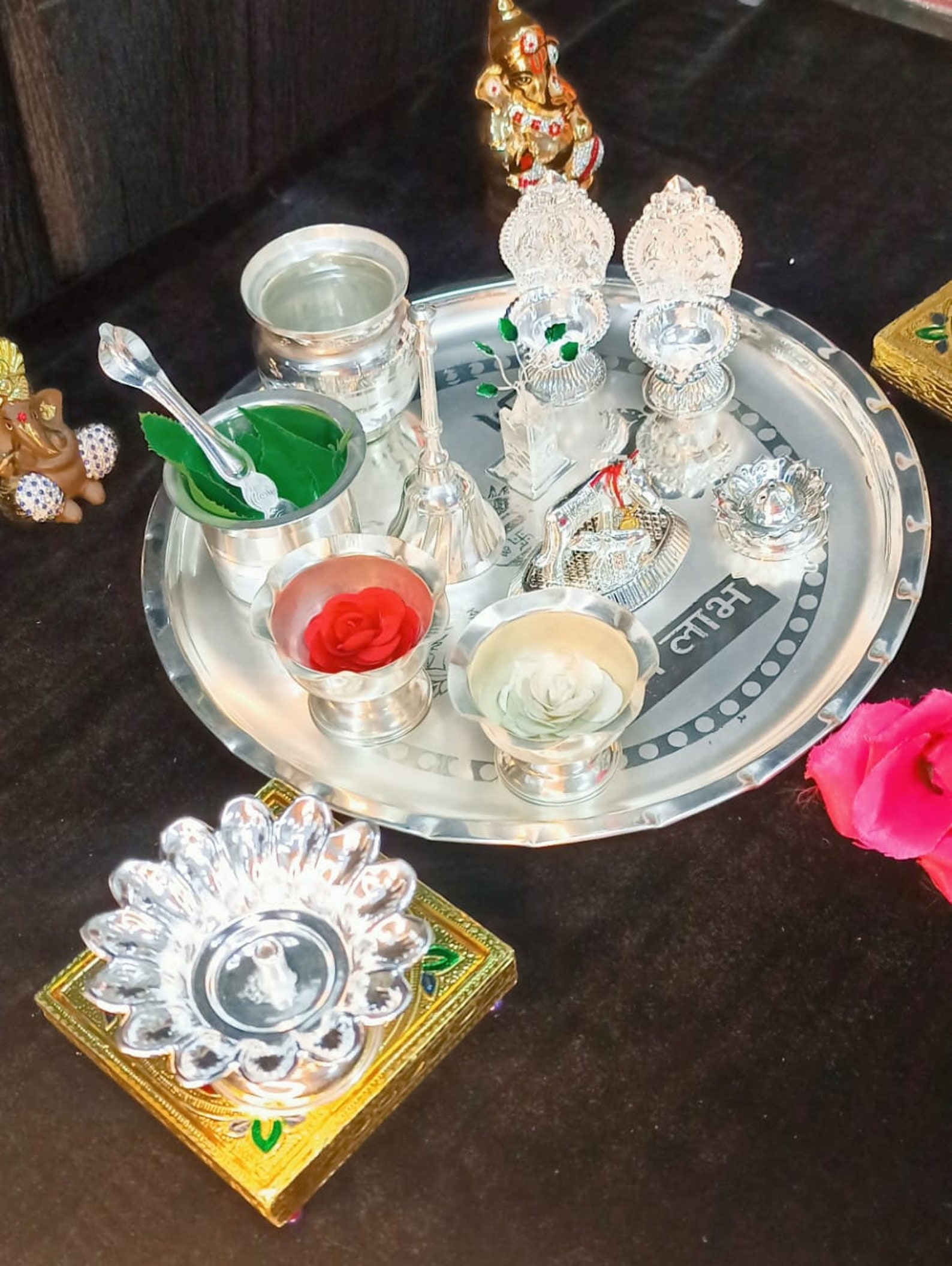 German Silver-pooja Thaali-thaal Set|diya-tray-bowls-plate-chowki-bell ...