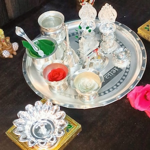 German Silver-pooja Thaali-thaal Set|diya-tray-bowls-plate-chowki-bell ...