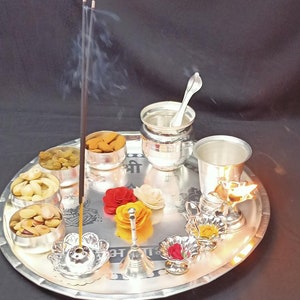 German Silver-pooja Thaali-thaal Set|diya-tray-bowls-plate-chowki-bell ...