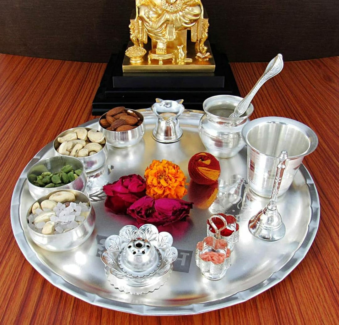 German Silver-pooja Thaali-thaal Set|diya-tray-bowls-plate-chowki-bell ...