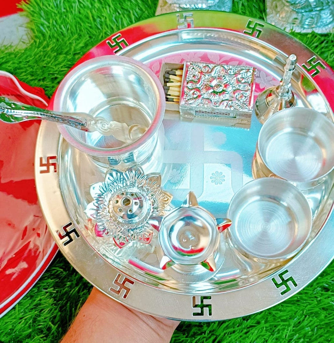 German Silver-pooja Thaali-thaal Set|diya-tray-bowls-plate-chowki-bell ...