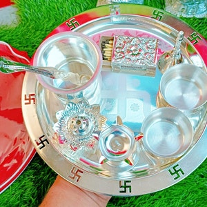 German Silver-pooja Thaali-thaal Set|diya-tray-bowls-plate-chowki-bell ...