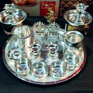 German Silver-pooja Thaali-thaal Set|diya-tray-bowls-plate-chowki-bell ...