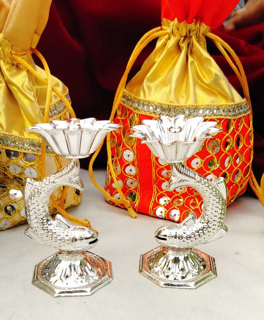 German Silver Fish Diya With Potli Bag: Diwali Favors - Set of 10 - Etsy UK