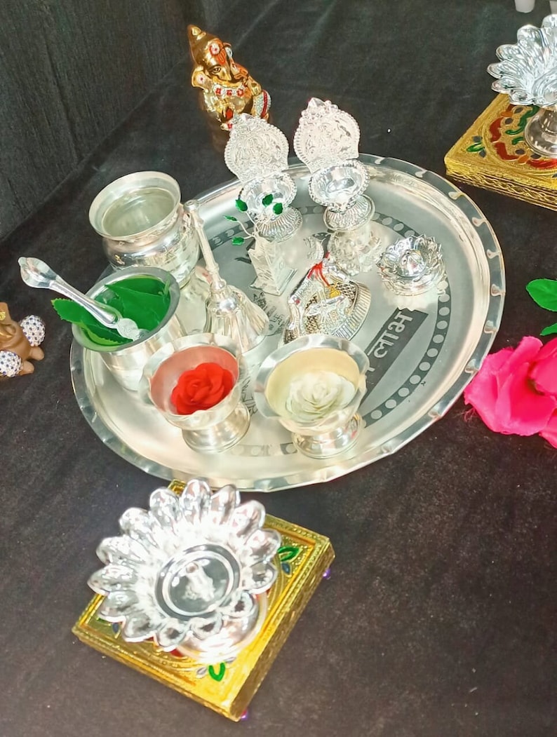 German Silver-pooja Thaali-thaal Set|diya-tray-bowls-plate-chowki-bell ...