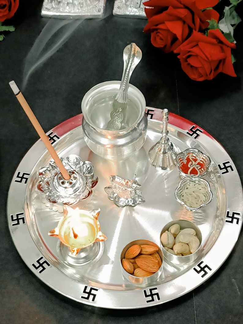 German Silver-pooja Thaali-thaal Set|diya-tray-bowls-plate-chowki-bell ...