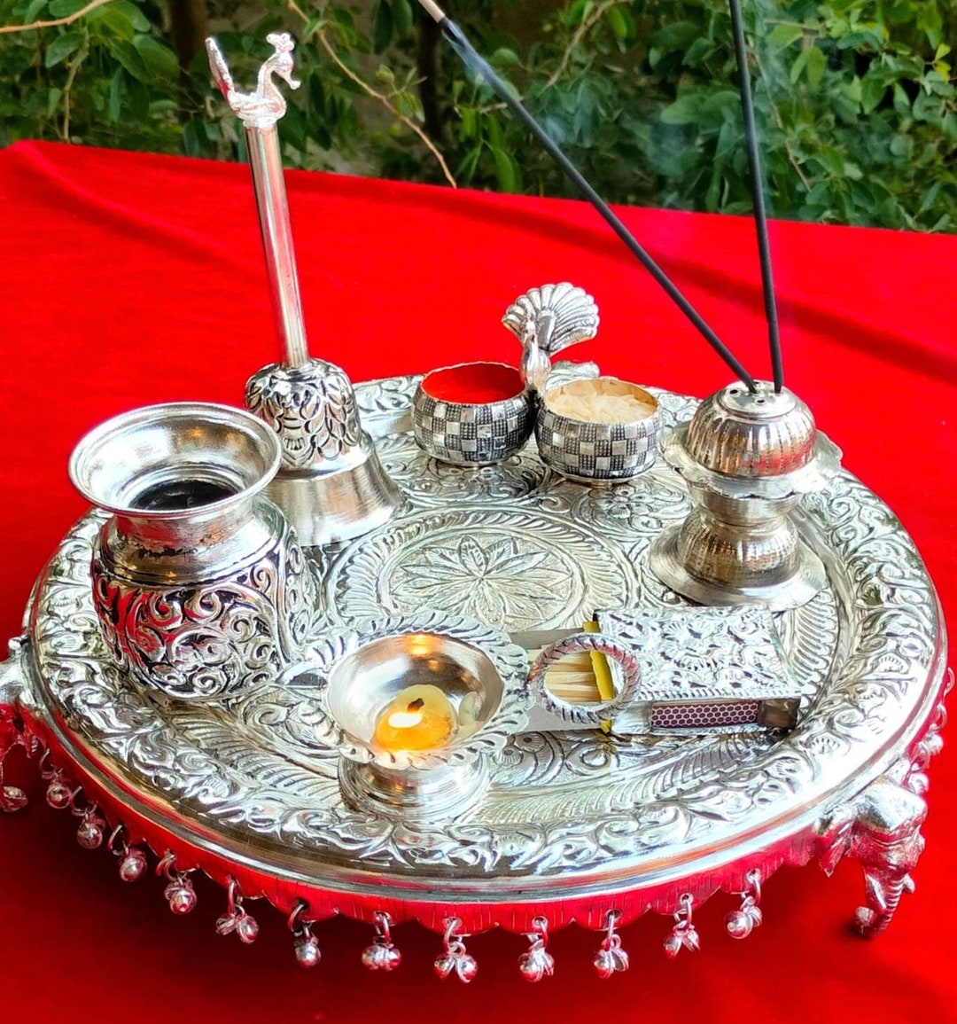 German Silver Gungroo-elephant Leg Pooja Thaali-thaal|diya-tray-plate ...