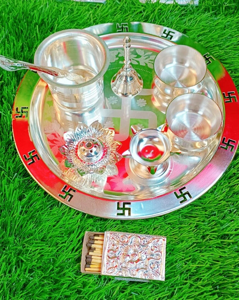 German Silver-pooja Thaali-thaal Set|diya-tray-bowls-plate-chowki-bell ...