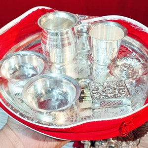 German Silver-pooja Thaali-thaal Set|diya-tray-bowls-plate-chowki-bell ...