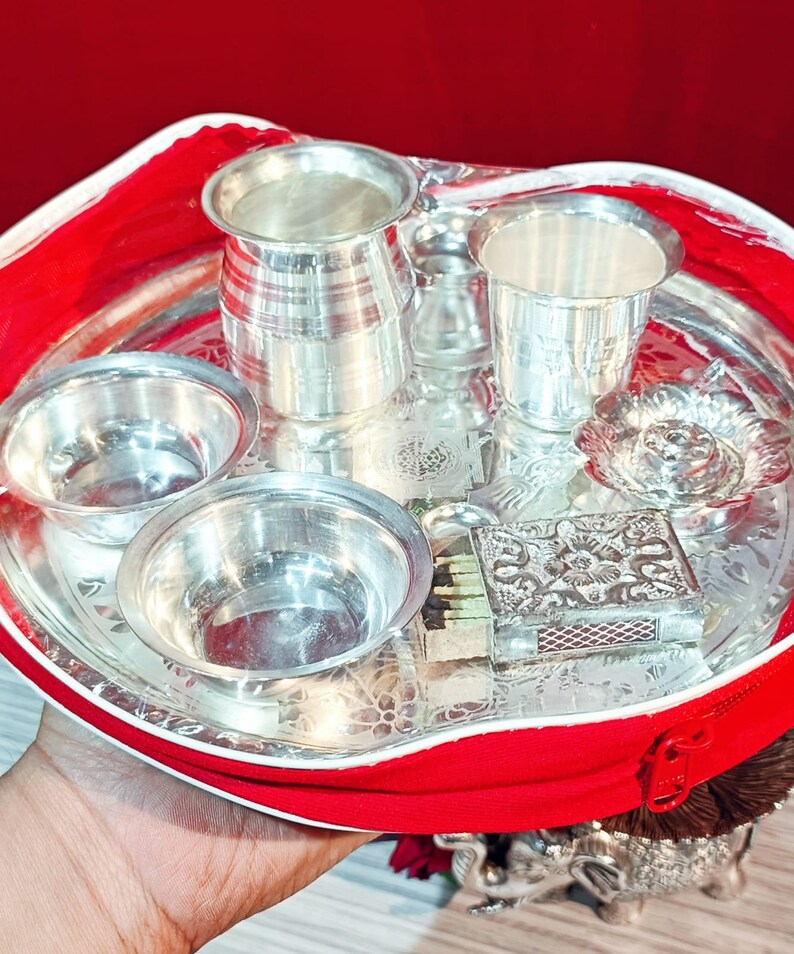 German Silver-pooja Thaali-thaal Set|diya-tray-bowls-plate-chowki-bell ...