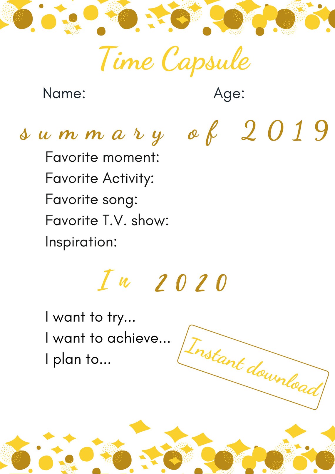 2020 Bucket List: Time Capsule New Years Eve Printable INSTANT DOWNLOAD ...