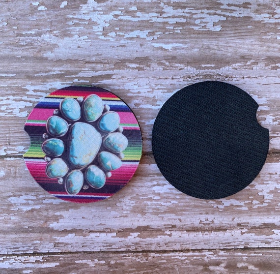 Turquoise Stone With Serape Background Car Coaster Set | Etsy