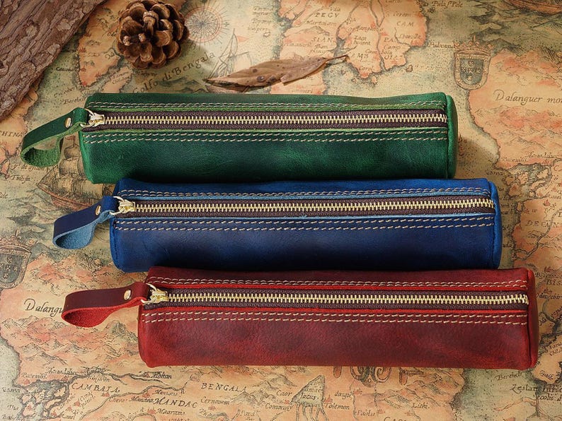 Handmade Genuine Leather Pencil Case, Zipper Pen Pouch, Slim Leather ...